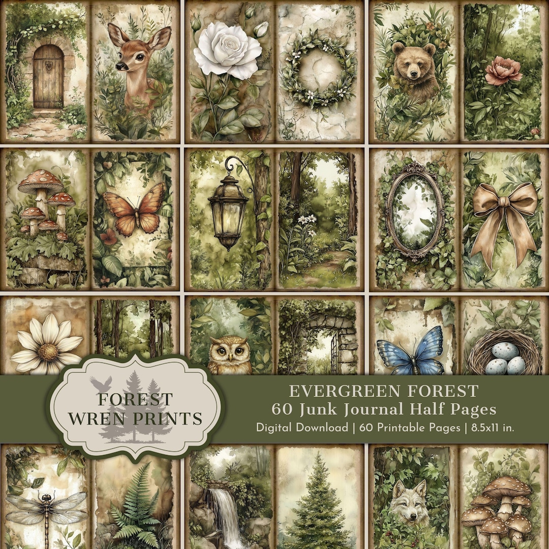 Evergreen Forest Junk Journal HALF PAGES, Botanical Scrapbook ...