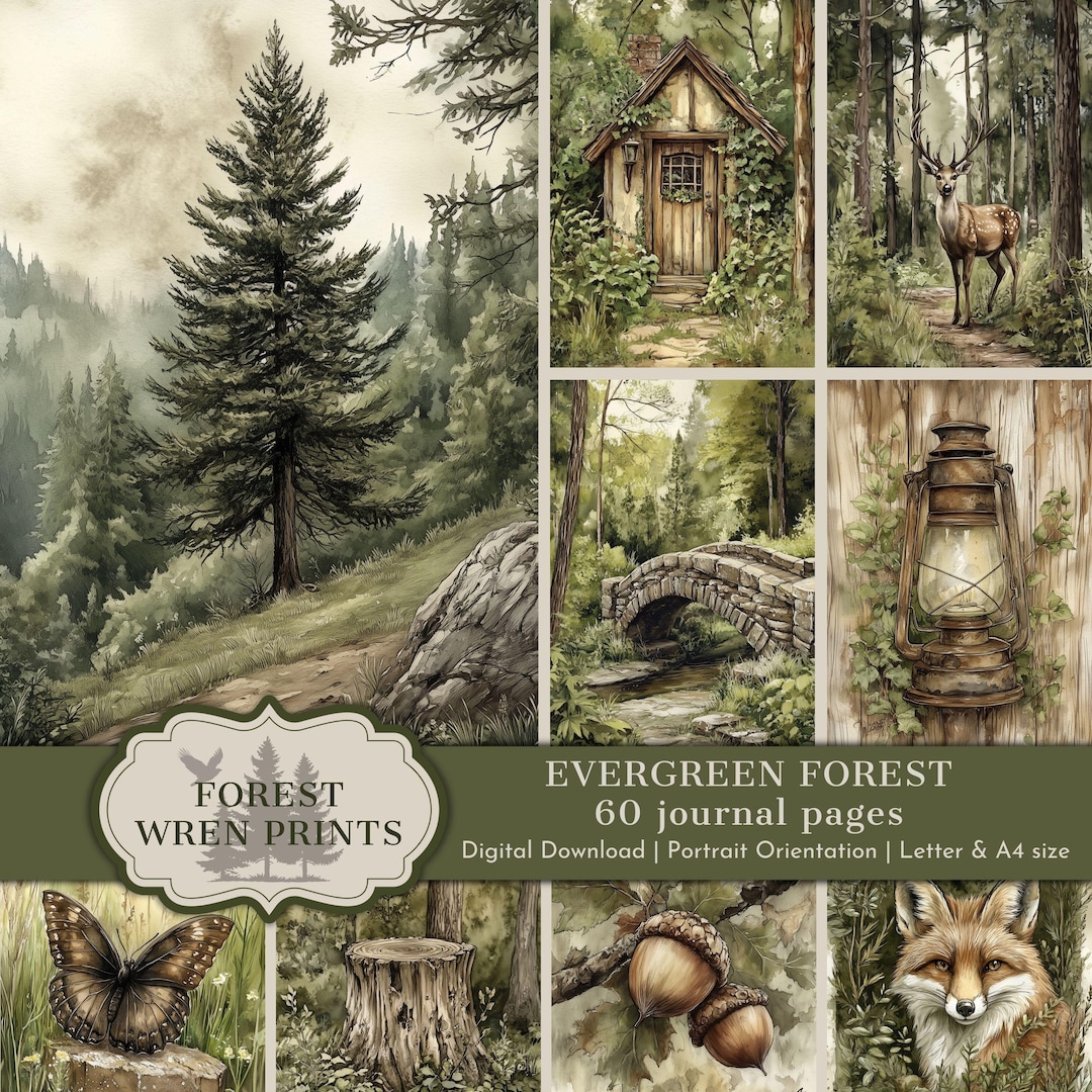 Evergreen Forest Junk Journal Pages, Botanical Journaling Background ...