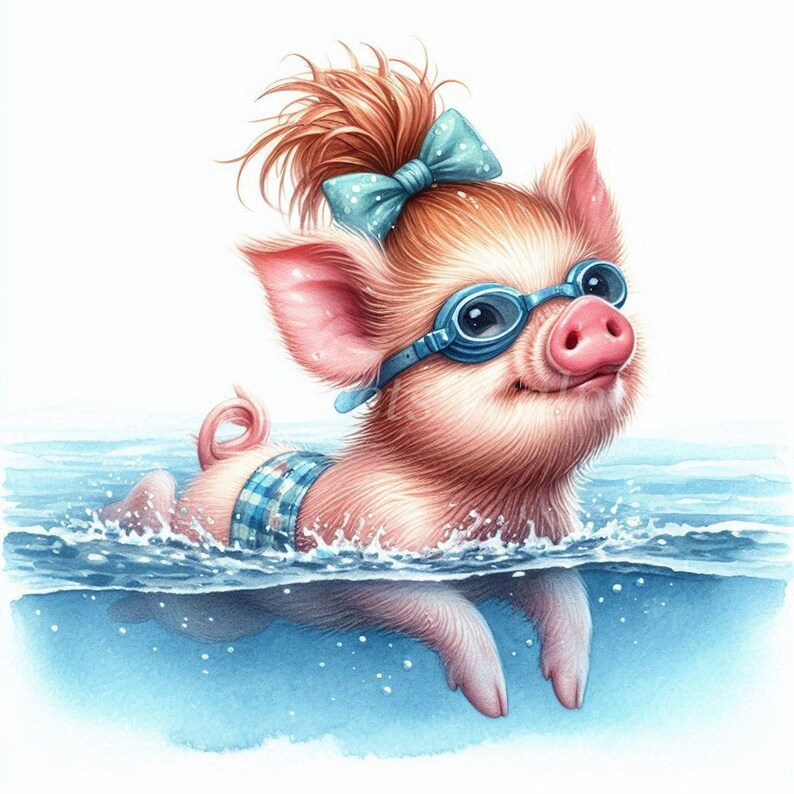Pig Swimming in a Messy Bun Clipart Bundle- 10 High Quality Watercolor ...