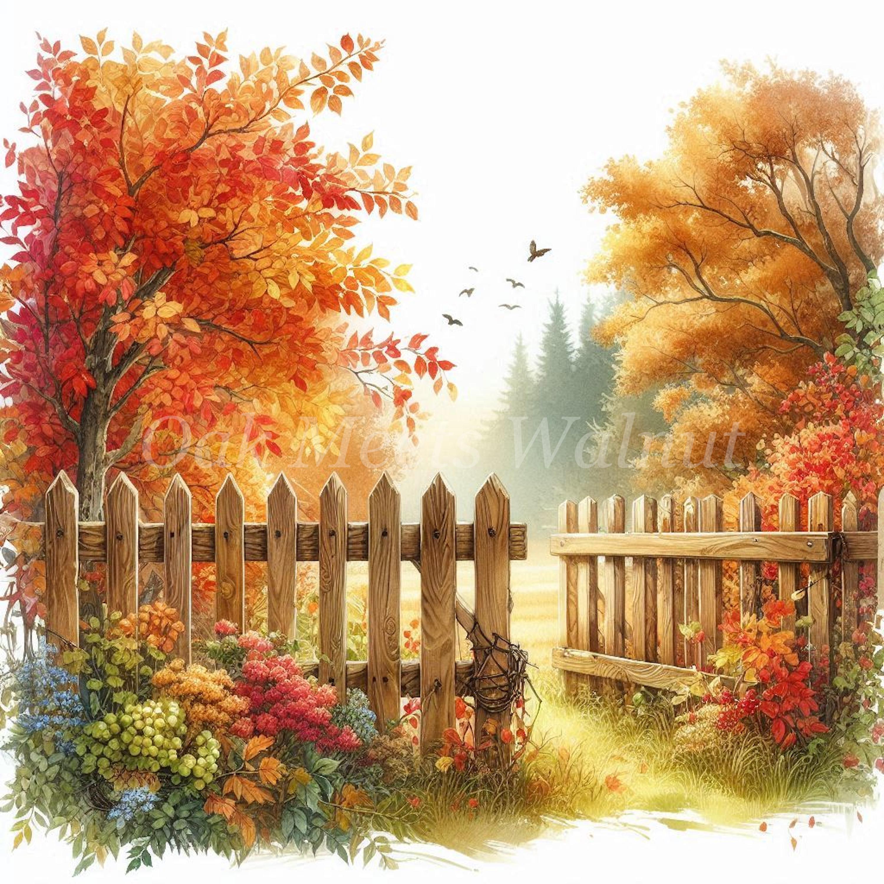 Watercolor Autumn Fence Clipart: Fall Leaves, Scrapbook Images (digital ...