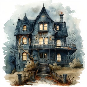 Watercolor Haunted House Clipart: Halloween Horror Images (digital ...