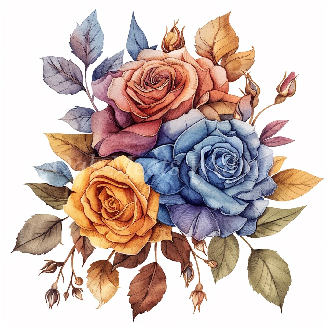 Folk Art Roses Clipart: Watercolor Flower Illustrations (digital ...