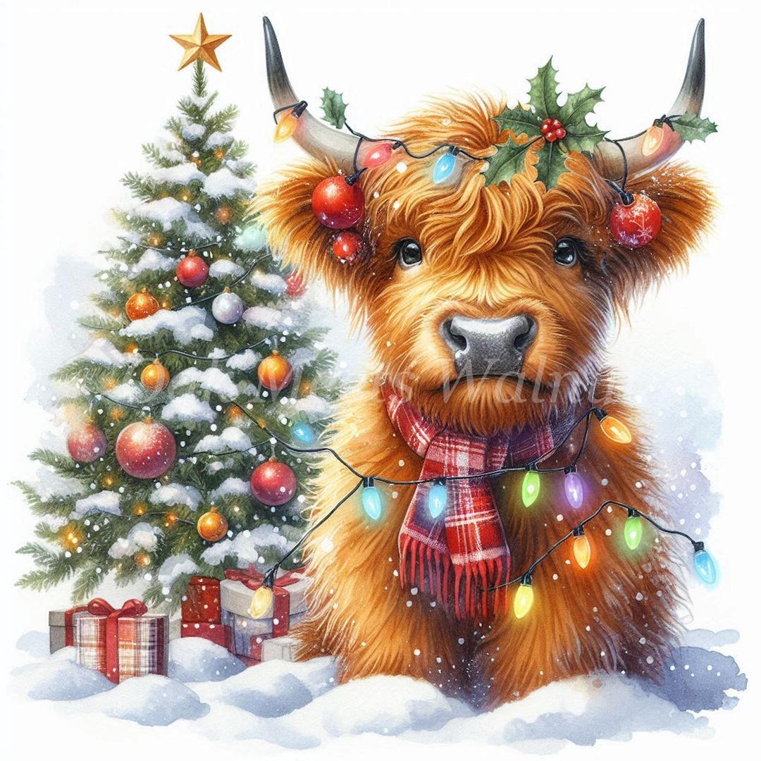 Christmas Highland Cow Watercolor Clipart: Festive JPG Bundle (digital ...