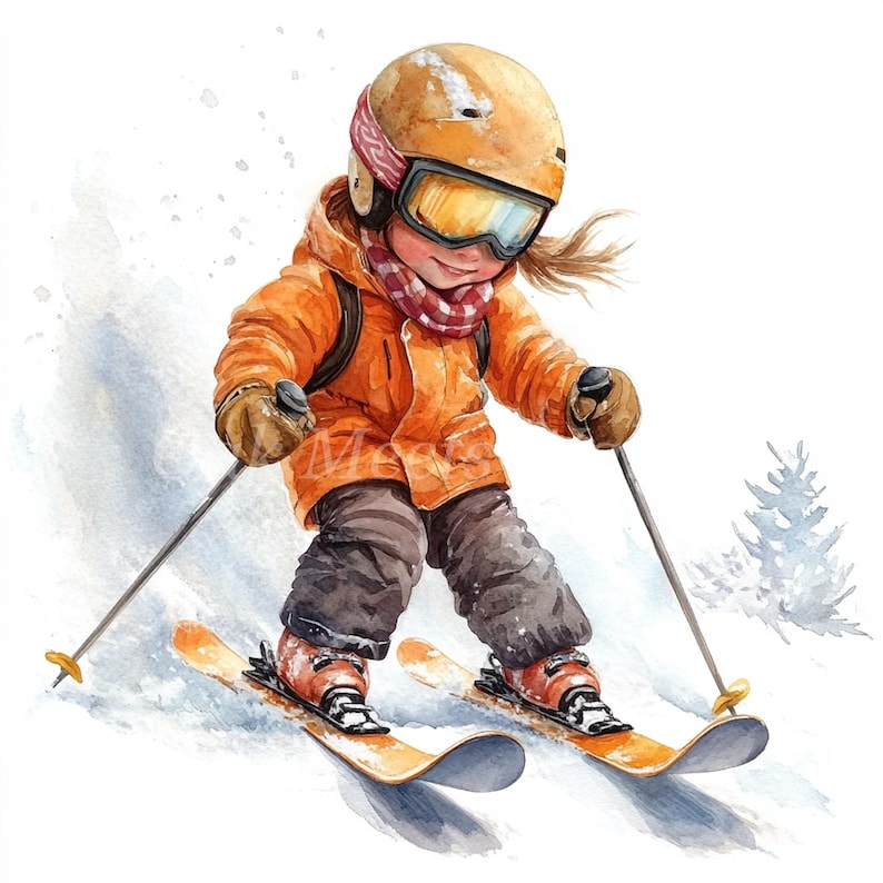 Watercolor Kid Skiing Clipart Bundle: Winter Scrapbooking (digital ...