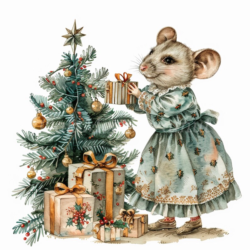 Christmas Mouse Clipart Bundle: Vintage Dress, Watercolor Jpgs (digital ...
