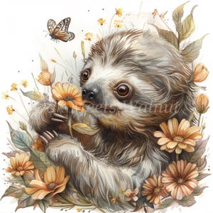 Sloth in Flowers Clipart Bundle- 10 High Quality Watercolor Jpgs, Junk ...