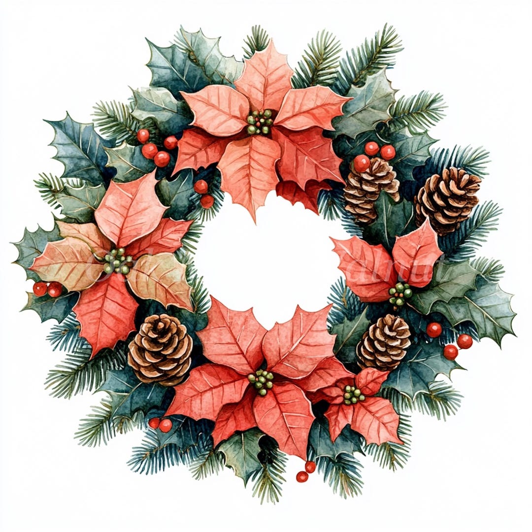Watercolor Christmas Wreath Clipart: Poinsettia Floral Bundle (digital ...