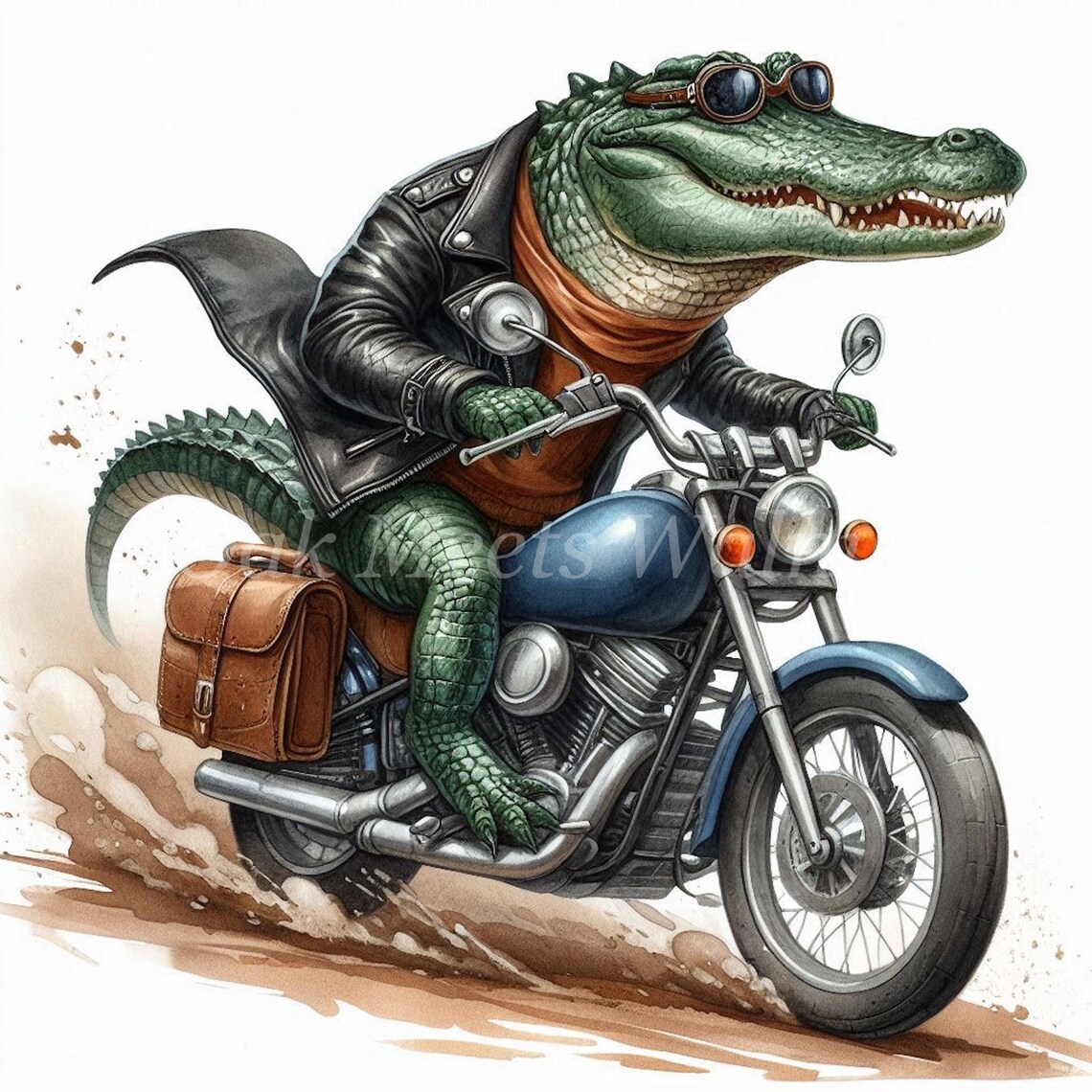 Alligator on Motorcycle Clipart: Watercolor Animal Biker Art (digital ...
