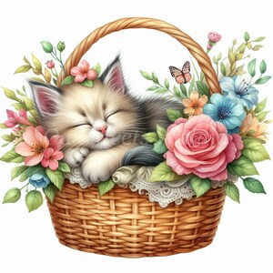 Kitty Sleeping in a Floral Basket Clipart Bundle- 10 High Quality ...