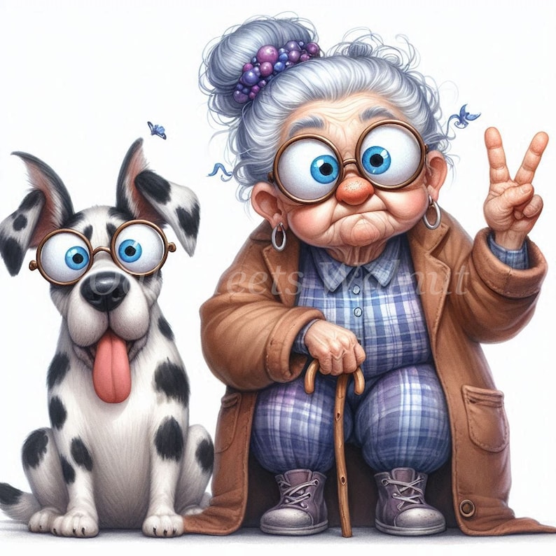 Quirky Grandma With Her Dog Set 1 Clipart Bundle- 10 High Quality ...