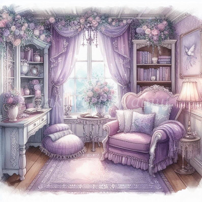 Purple Cozy Nook Clipart Bundle: Watercolor Illustrations (digital ...