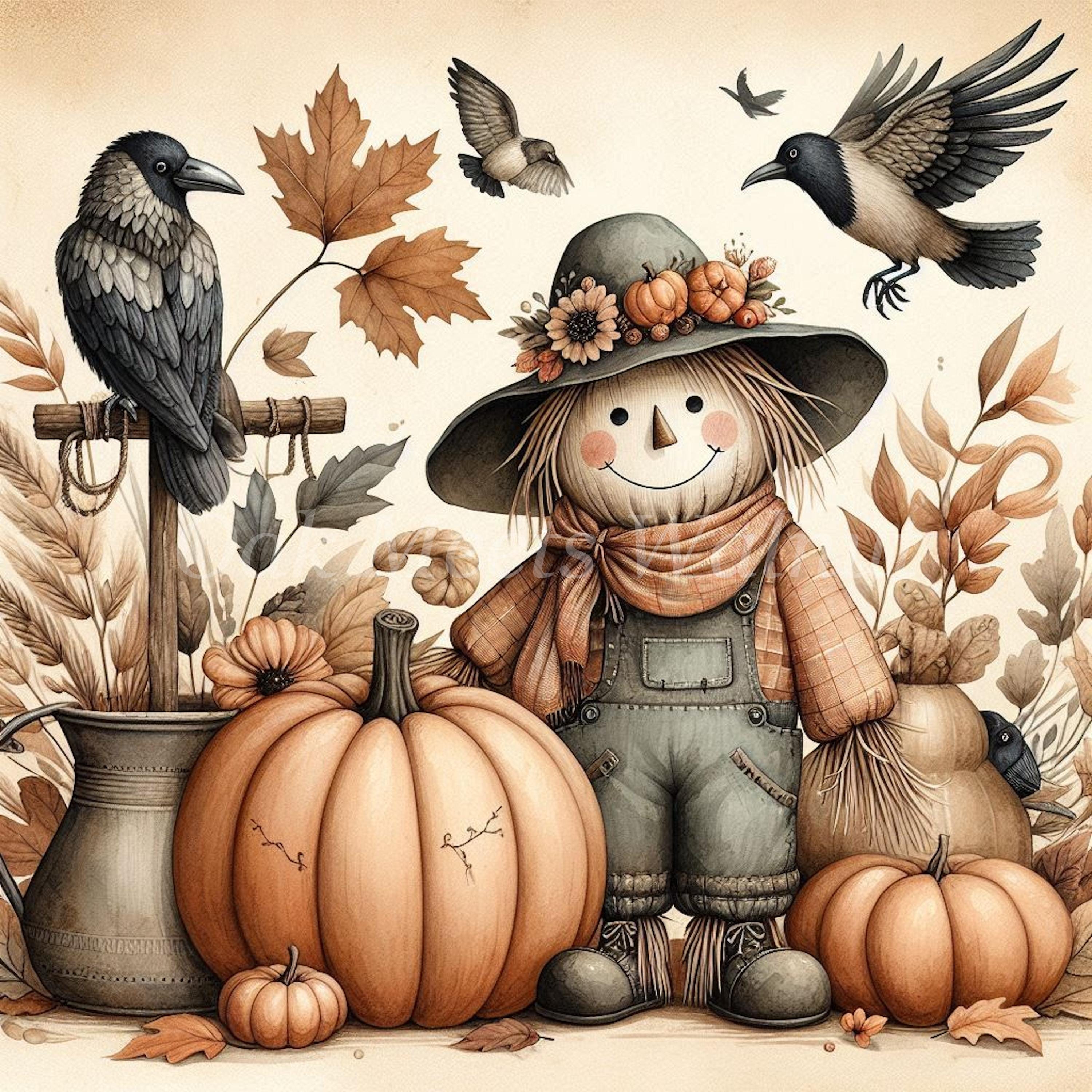 Scarecrow Pumpkin Patch Clipart: Watercolor Fall Graphics (JPG Digital ...