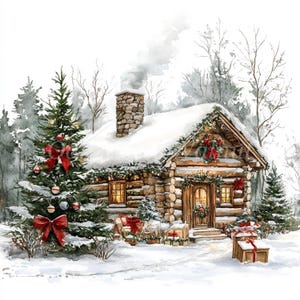Christmas Cabin Clipart Bundle- 10 High Quality Watercolor Jpgs ...