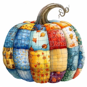 Patchwork Pumpkin Clipart Bundle- 10 High Quality Watercolor Jpgs, Quilted Fabric Illustrations ...