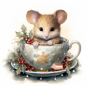 Christmas Mouse in a Teacup Clipart Bundle -10 High Quality Watercolor ...