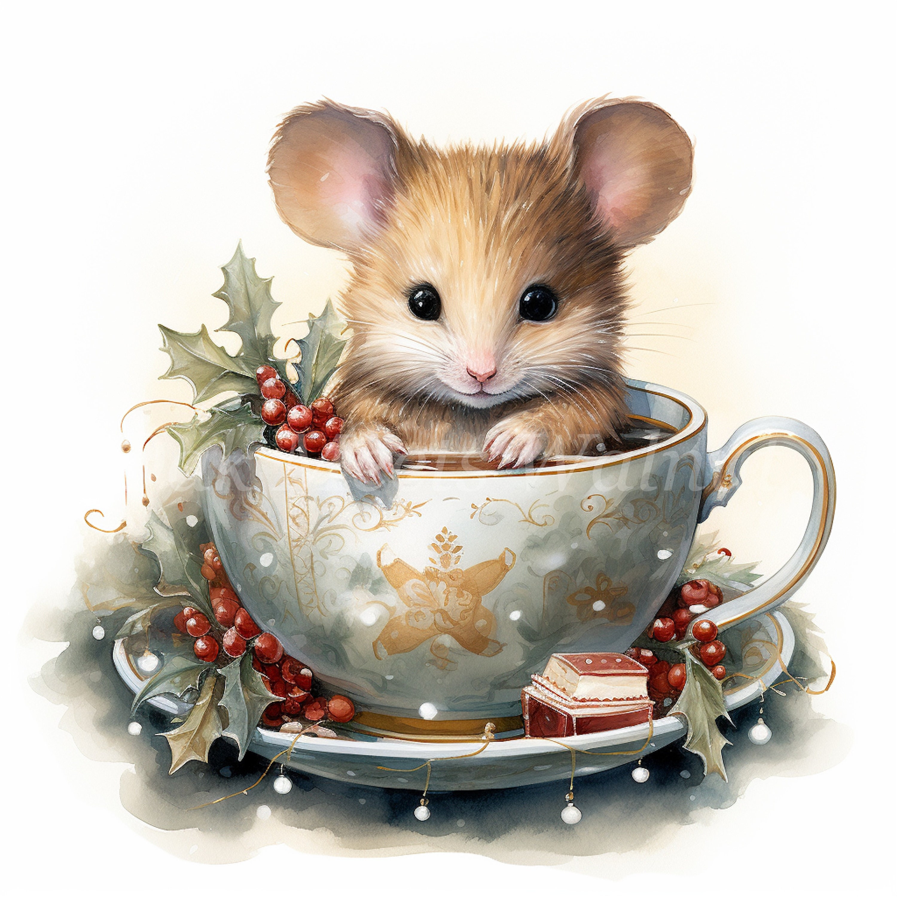Christmas Mouse in a Teacup Clipart Bundle 10 High Quality Watercolor ...