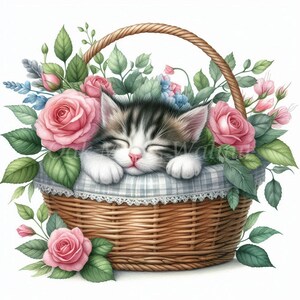 Kitty Sleeping in a Floral Basket Clipart Bundle- 10 High Quality ...
