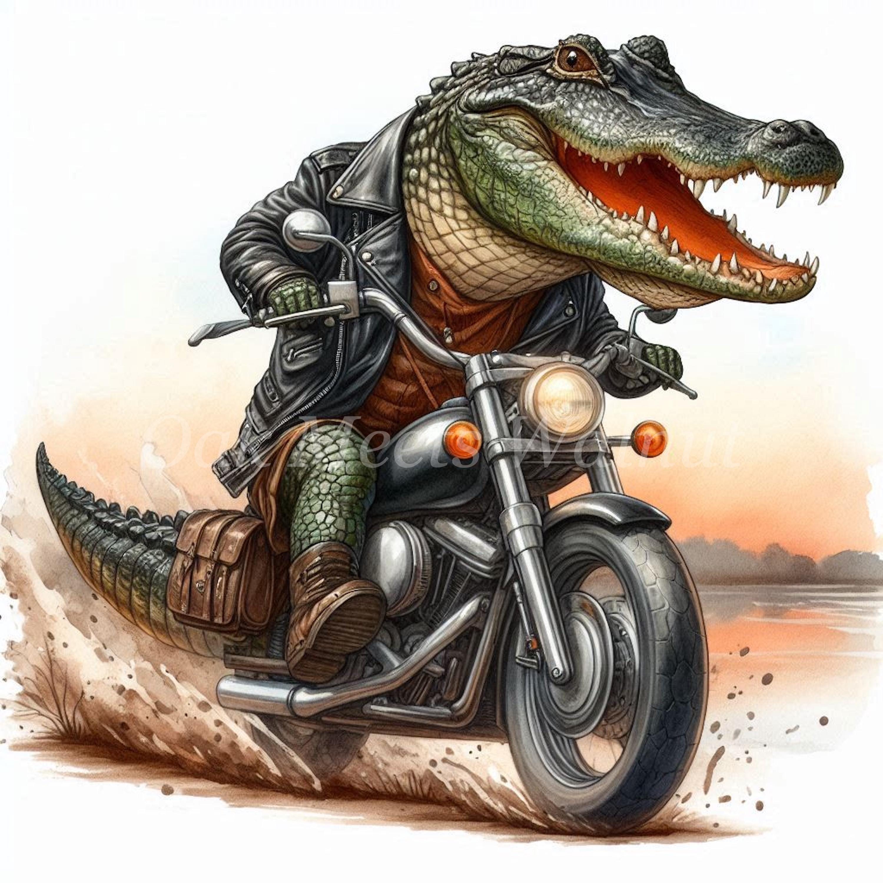 Alligator on Motorcycle Clipart: Watercolor Animal Biker Art (digital ...