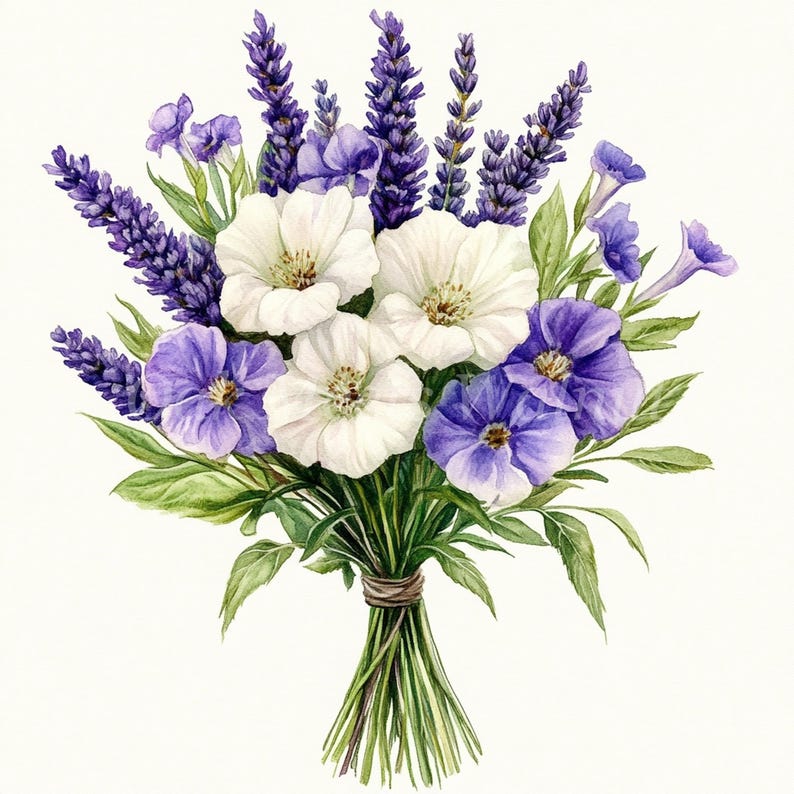 Purple Flowers Bouquet Clipart Bundle- 10 High Quality Watercolor Jpgs ...