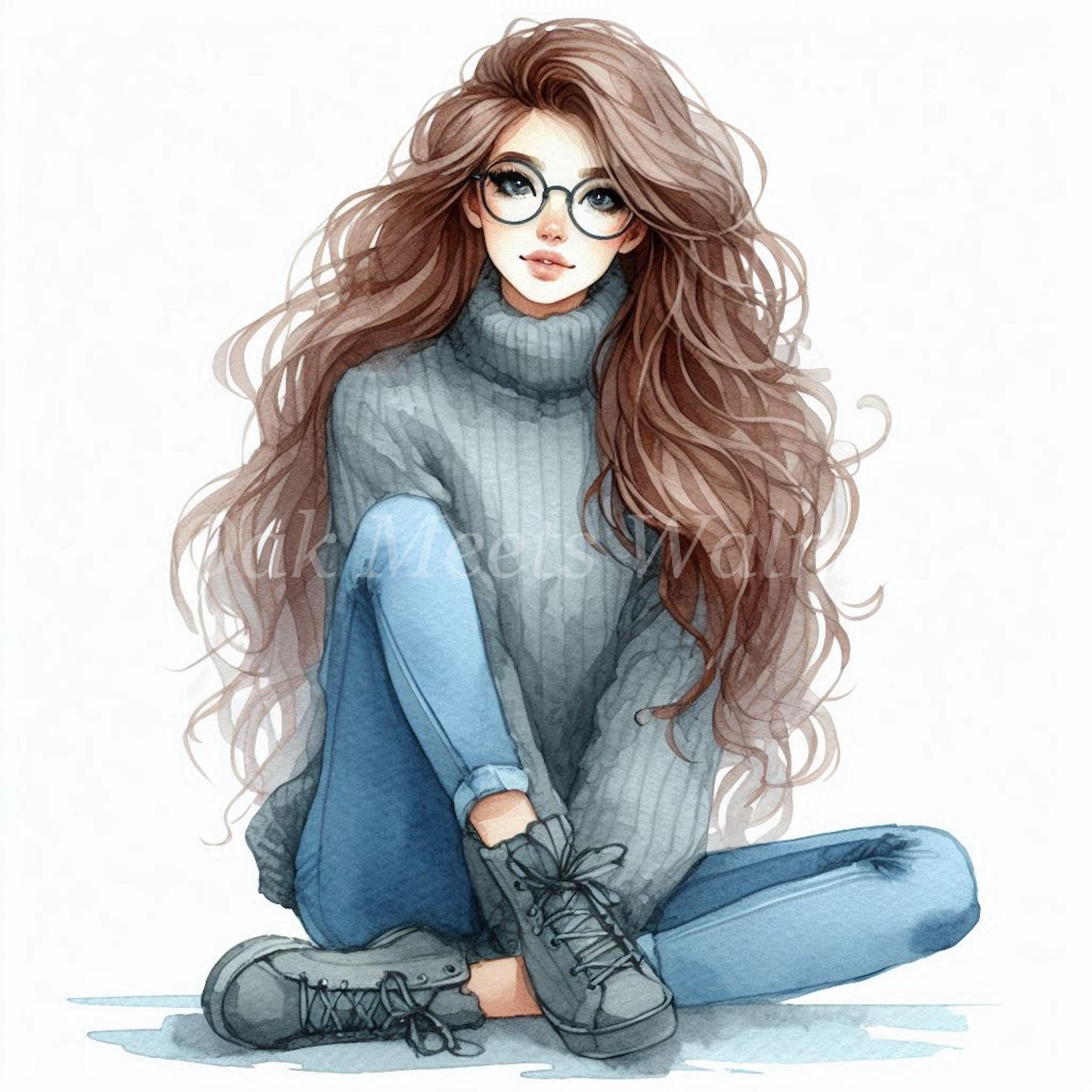 Watercolor Girl Clipart: Fashion Illustration, Grey Sweater (digital ...