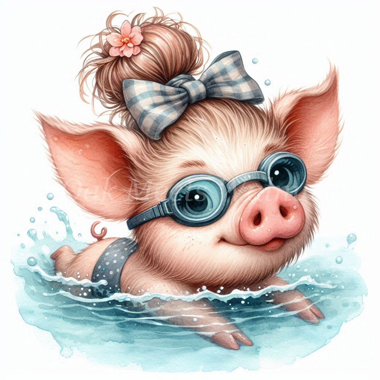 Pig Swimming in a Messy Bun Clipart Bundle- 10 High Quality Watercolor ...