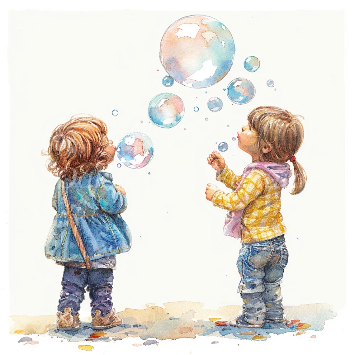 Kids Blowing Bubbles Watercolor Clipart: Scrapbook Paper Craft (digital ...