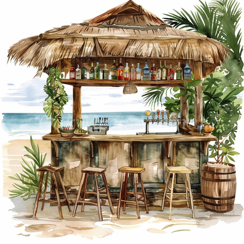 Watercolor Beach Bar Clipart: Tropical Landscape JPG Bundle (digital ...