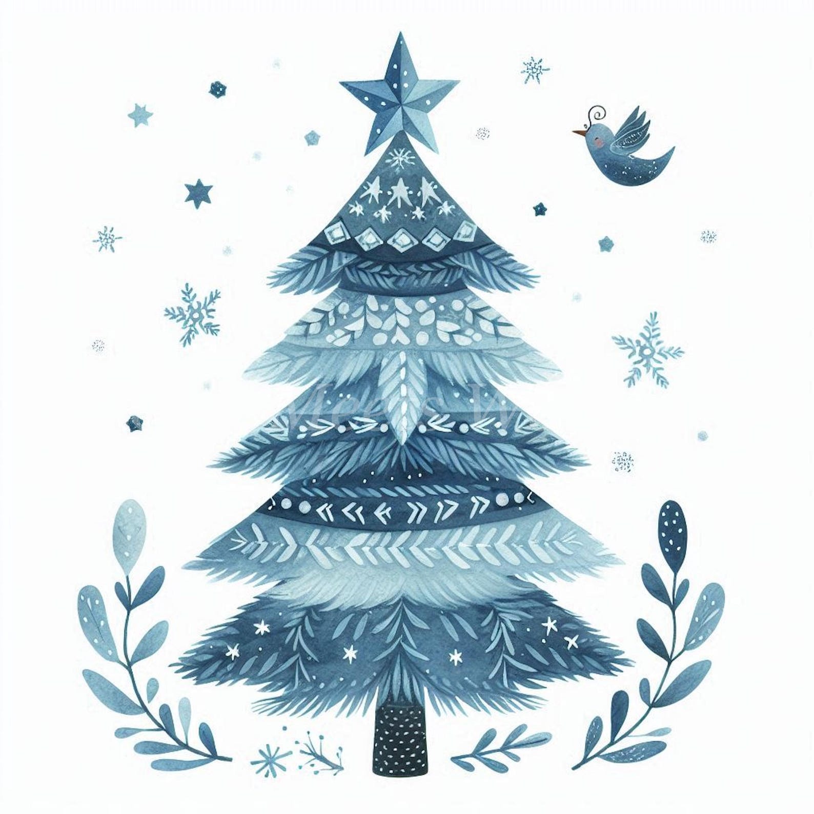Blue Christmas Tree Clipart Bundle: Whimsical Watercolor Jpgs (digital ...