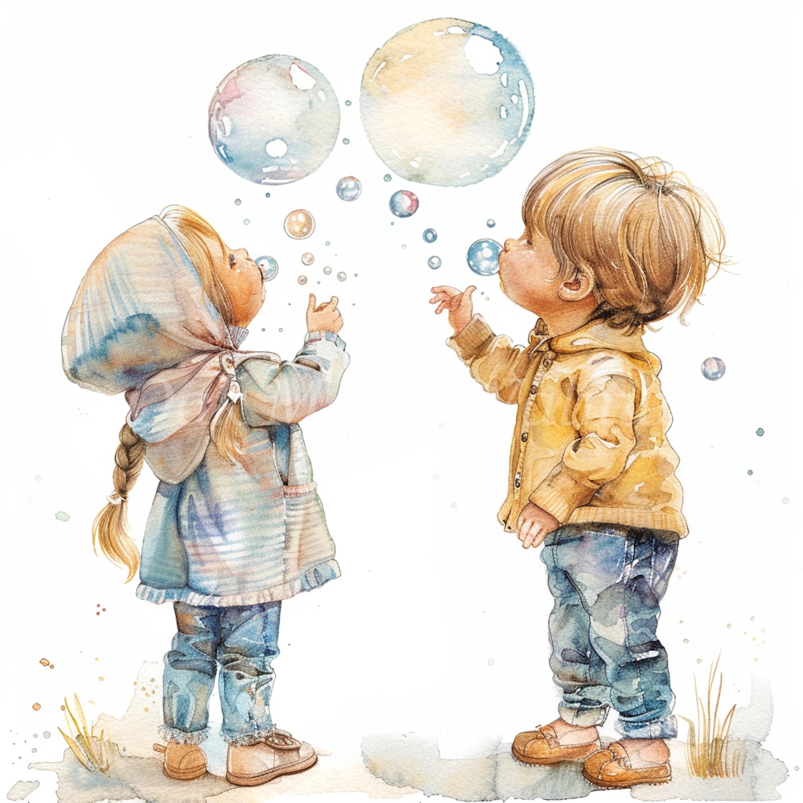 Kids Blowing Bubbles Watercolor Clipart: Scrapbook Paper Craft (digital ...