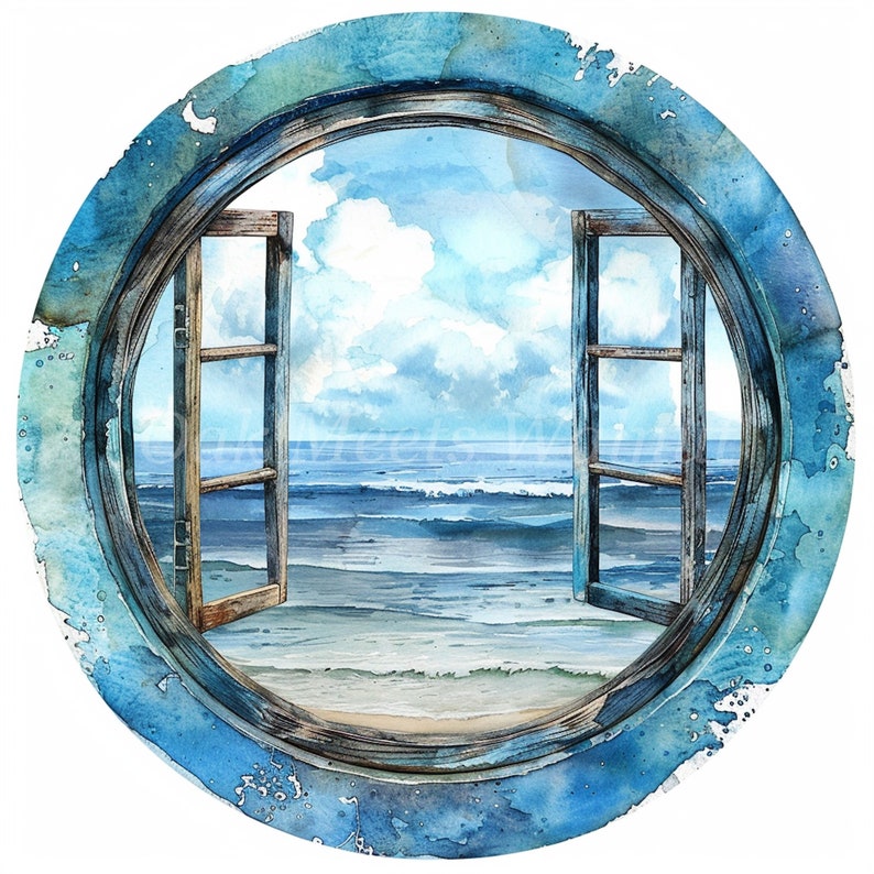 Watercolor Ocean View Clipart: Window Scene JPG Bundle (digital ...
