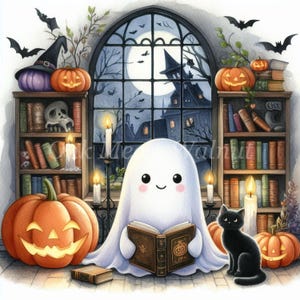 Cute Ghost Reading Book Clipart Bundle 10 High Res Watercolor Jpgs for ...