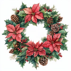 Watercolor Christmas Wreath Clipart: Poinsettia Floral Bundle (digital ...