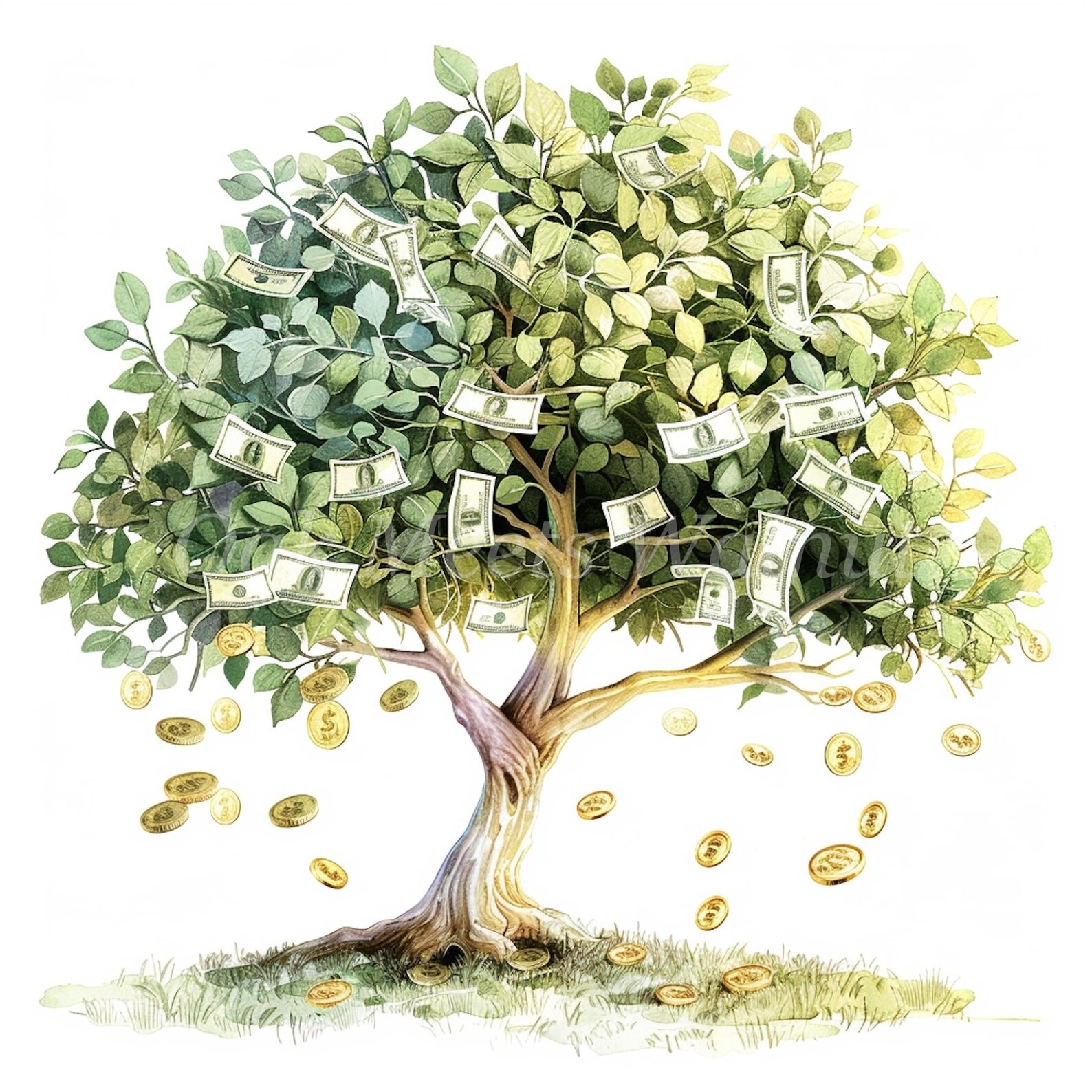 Watercolor Money Tree Clipart Bundle: High-resolution Jpgs (digital ...