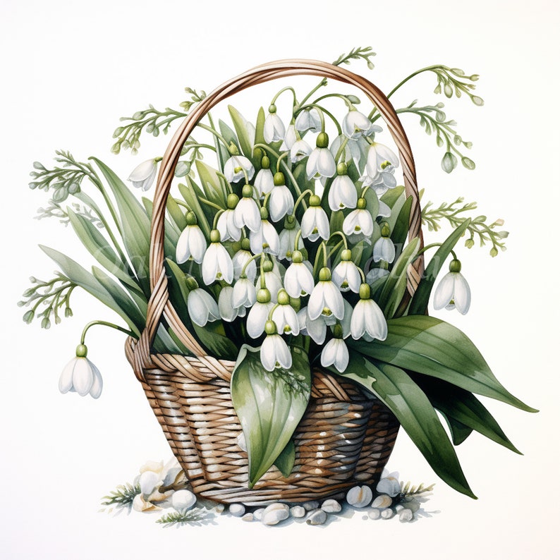 Snowdrop Basket Clipart: Watercolor Floral JPG Bundle (digital Download ...