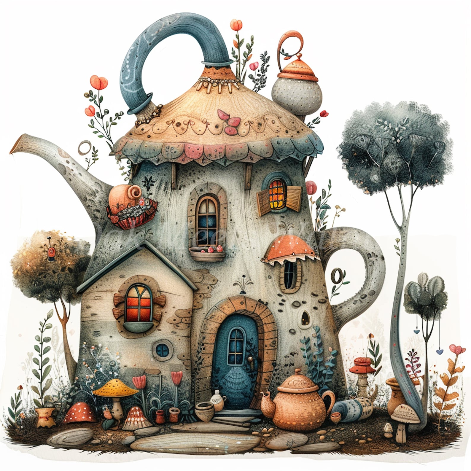 Whimsical Teapot House Clipart Bundle 10 High Quality Watercolor Jpgs ...
