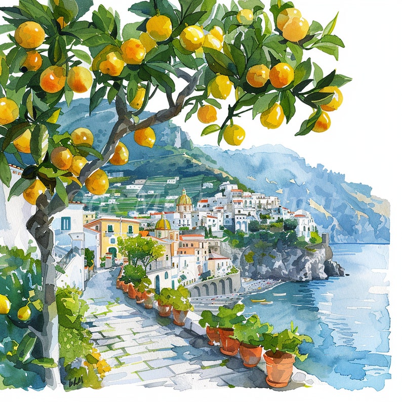 Italian Coast Watercolor Clipart: Amalfi Landscape Images (digital ...