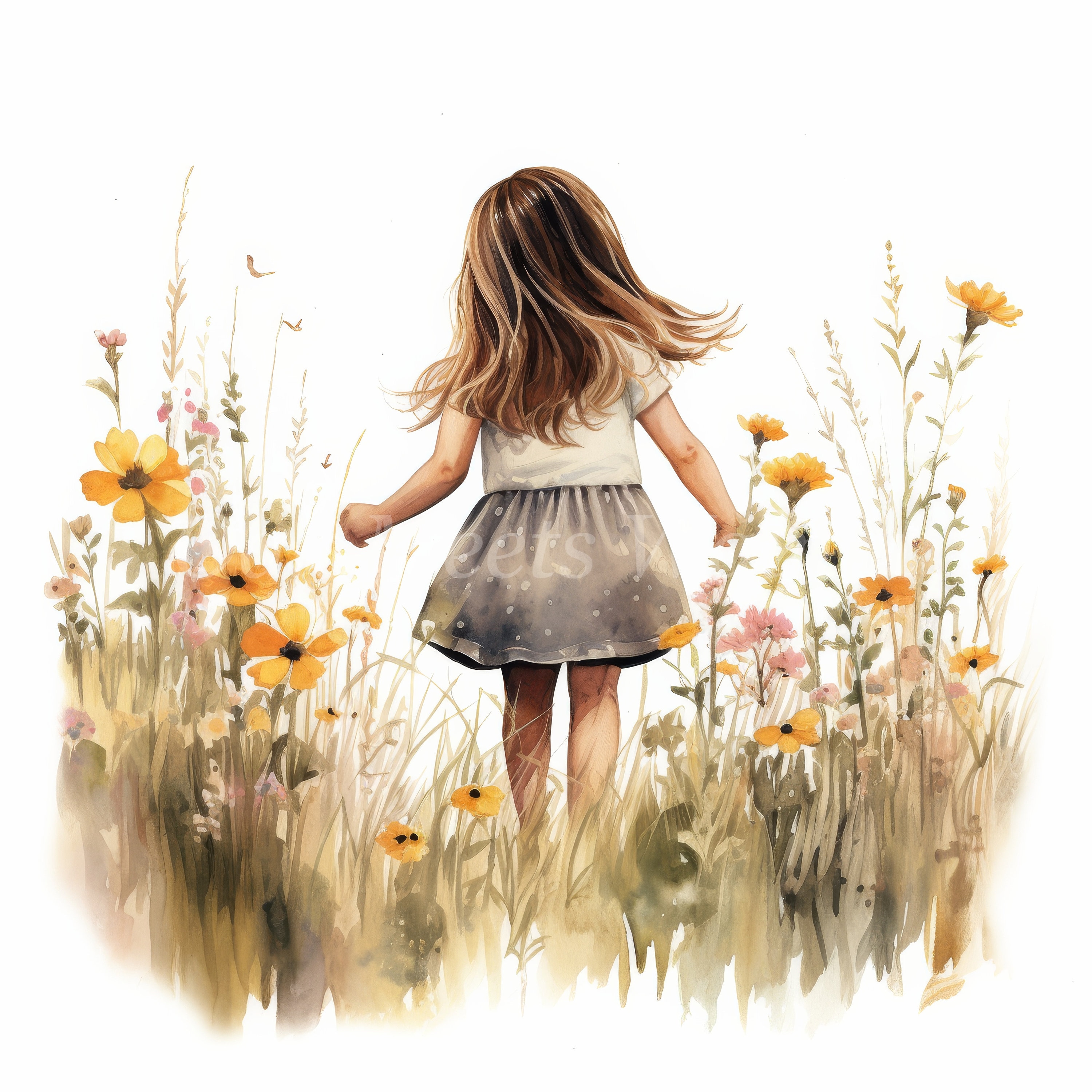 Girl in a Flower Field Clipart Bundle Pack, 12 X 12 Digital Paper, 10 ...