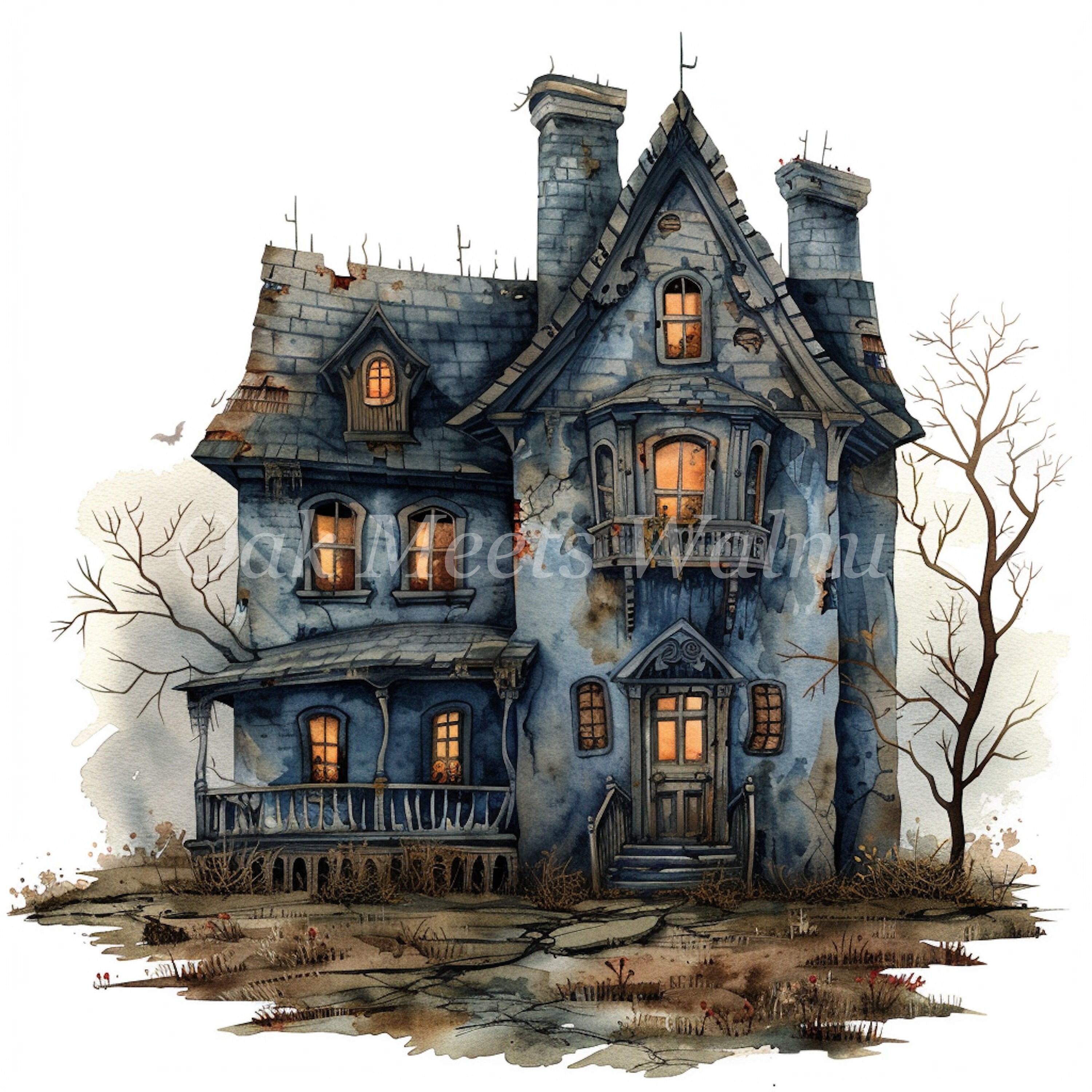 Watercolor Haunted House Clipart: Halloween Horror Images (digital ...