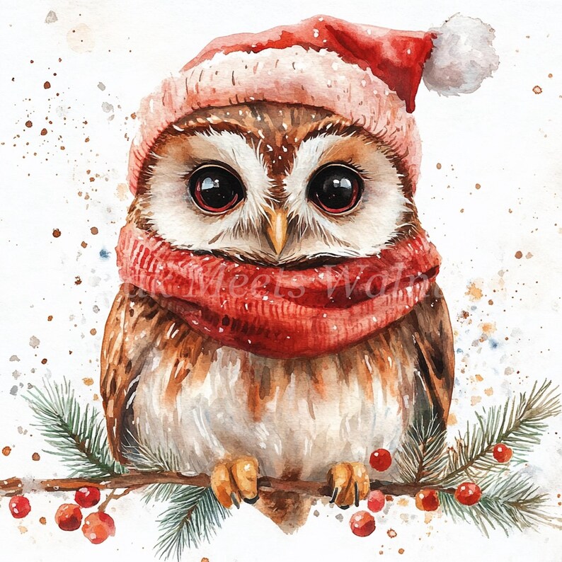 Watercolor Christmas Owl Clipart: Holiday Scrapbooking (digital ...