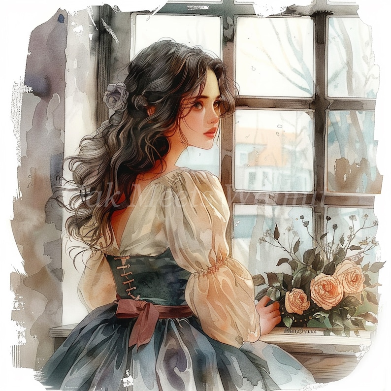 Watercolor Girl by Window Clipart: Printable Scrapbook Images (digital ...
