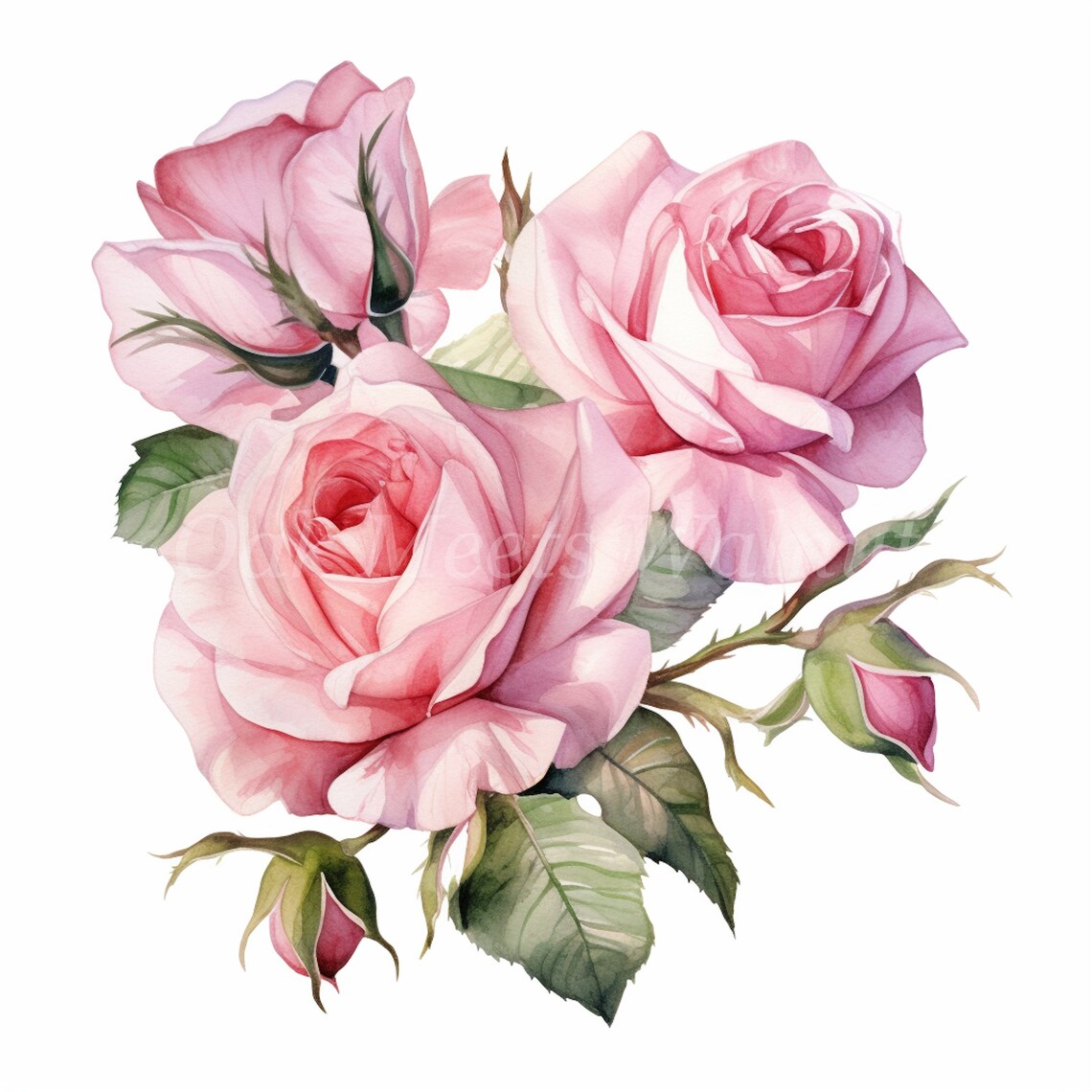 Pink Roses Watercolor Clipart Bundle: Scrapbook Graphics (digital ...