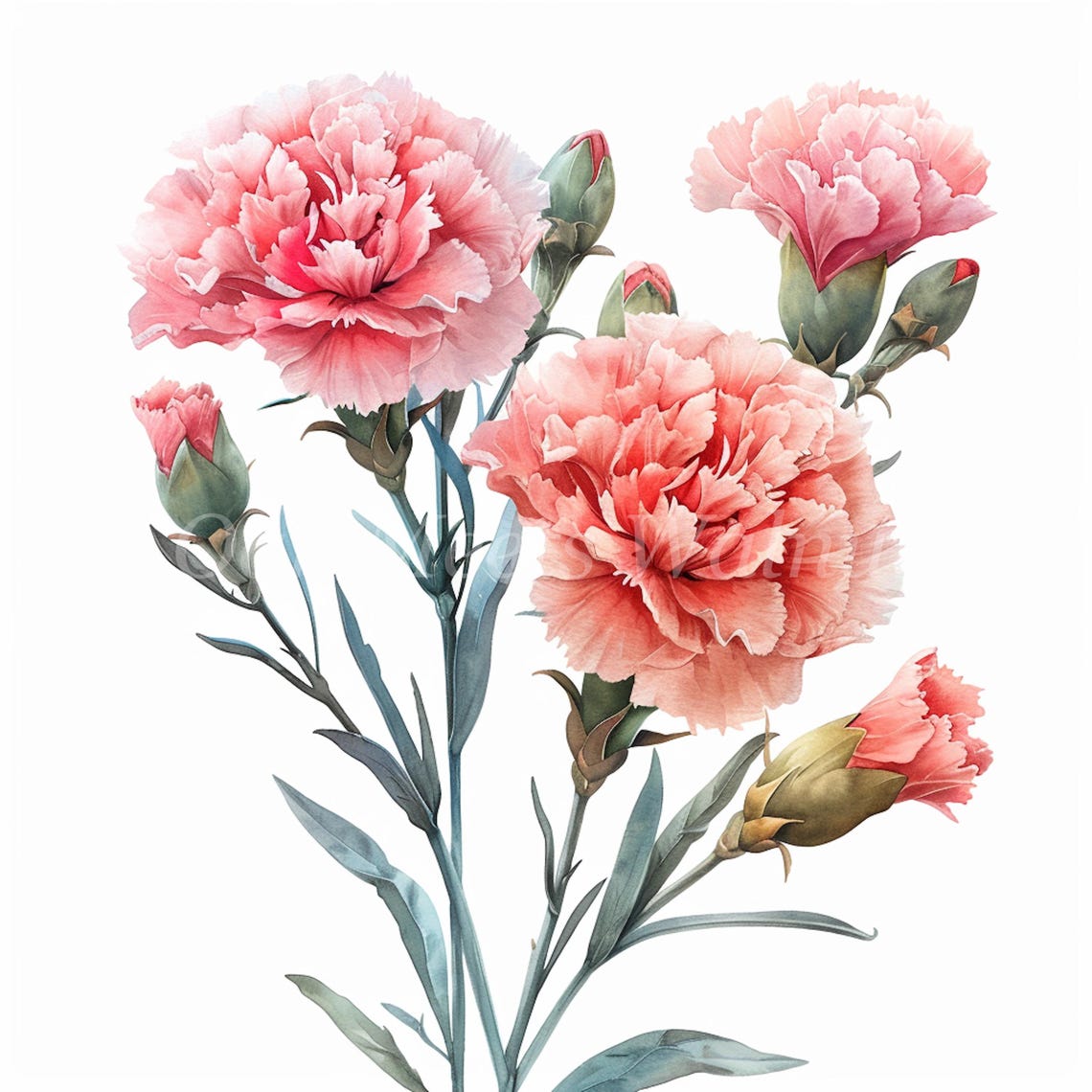 Pink Carnation Watercolor Clipart Bundle: Floral JPG Images (digital ...