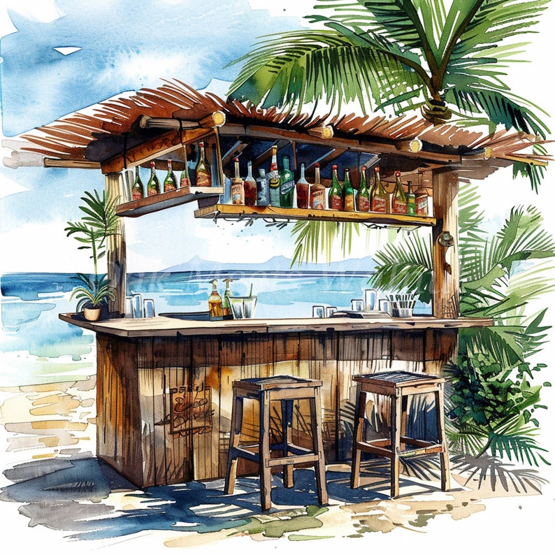 Watercolor Beach Bar Clipart: Tropical Landscape JPG Bundle (digital ...