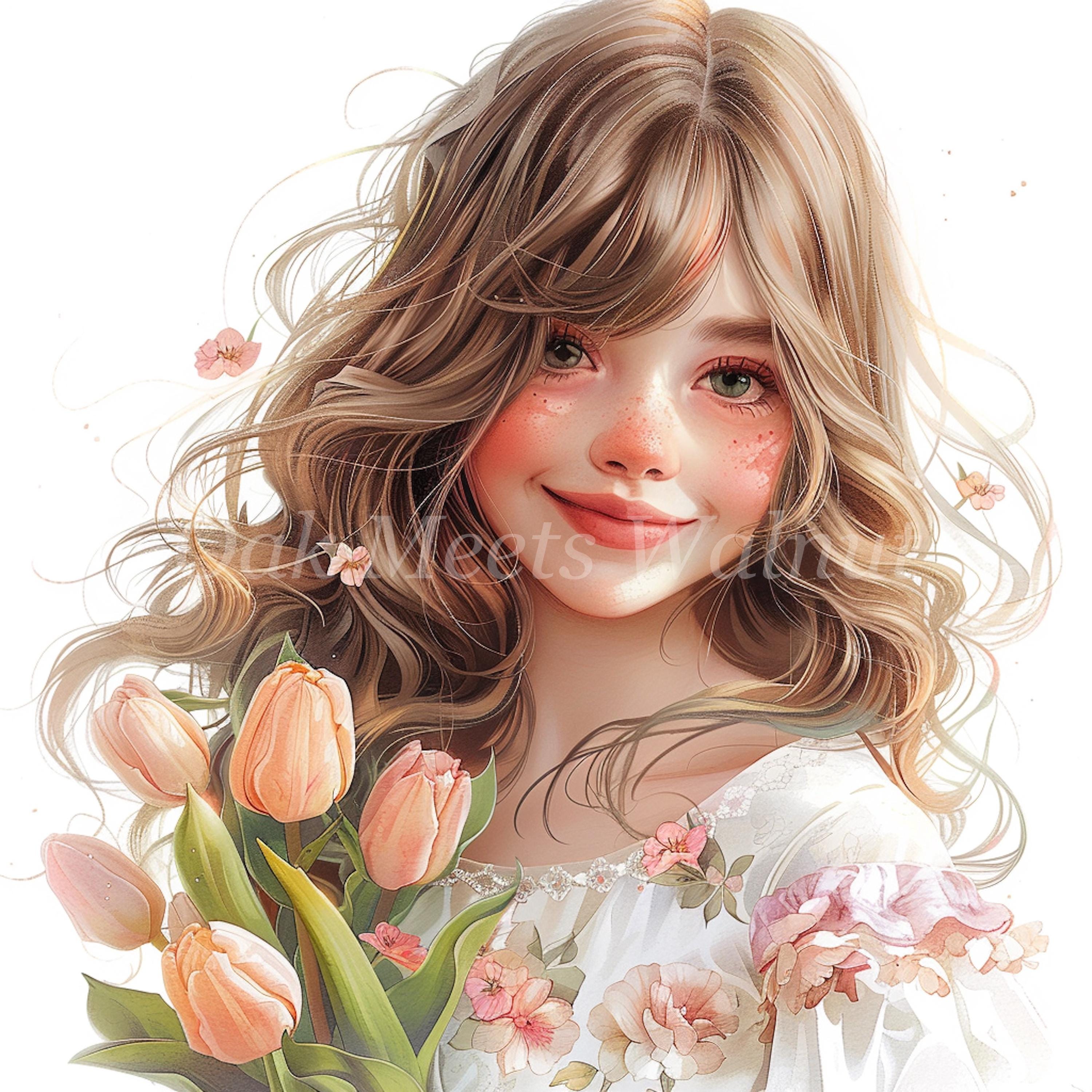 Watercolor Girl With Flowers Clipart: Floral JPG Bundle (digital ...