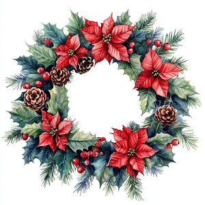 Watercolor Christmas Wreath Clipart: Poinsettia Floral Bundle (digital ...
