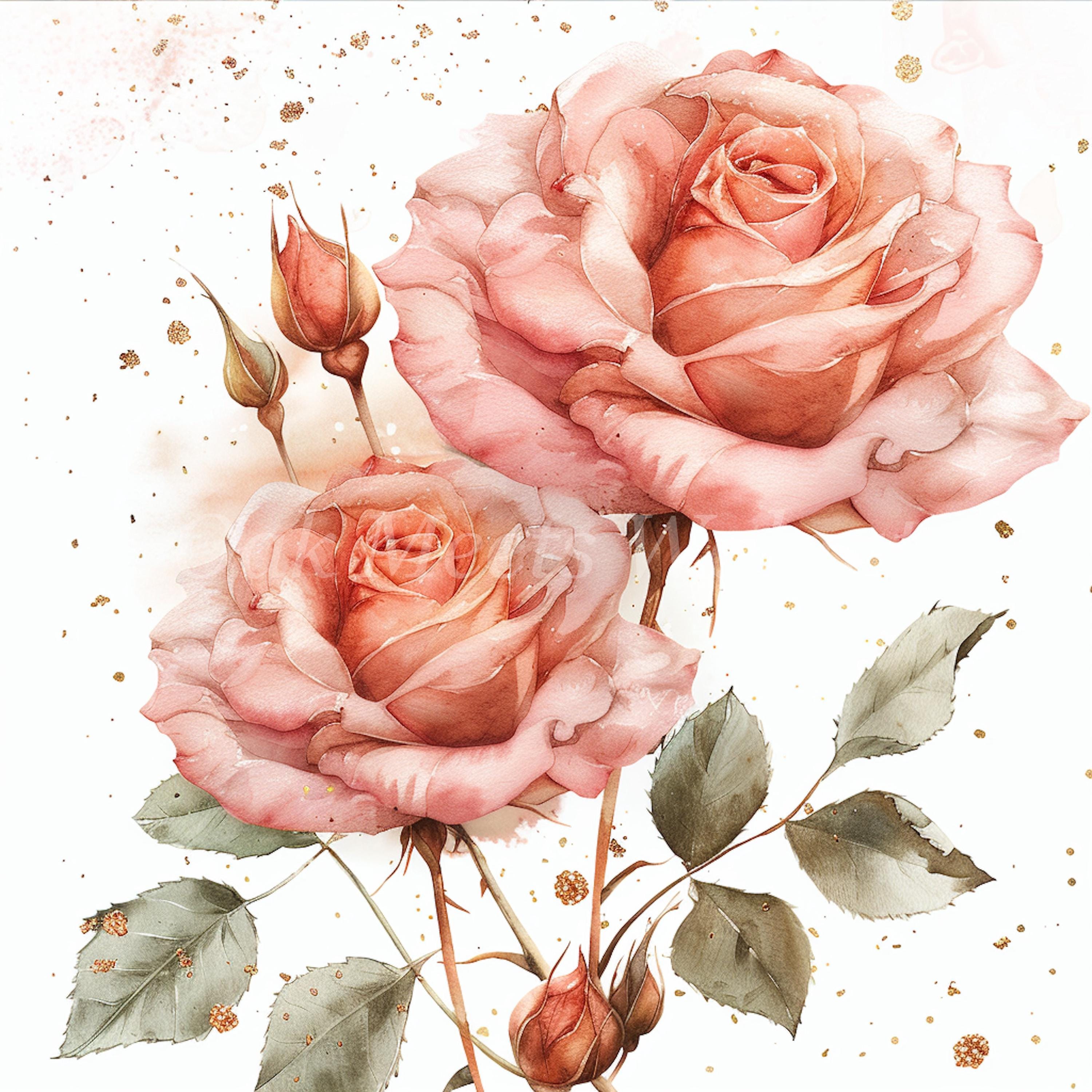 Pink Roses With Golden Glitter Clipart Bundle 10 High Quality Jpgs ...