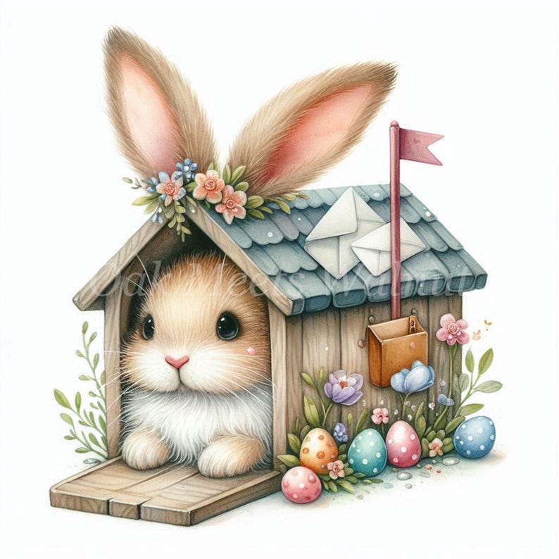 Watercolor Easter Bunny Mailbox Clipart: Scrapbook Graphics (digital ...