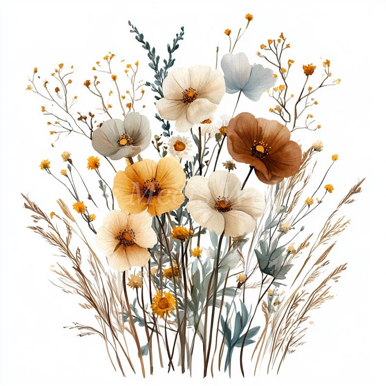 Boho Flowers Bouquet Clipart Bundle- 10 High Quality Watercolor Jpgs ...
