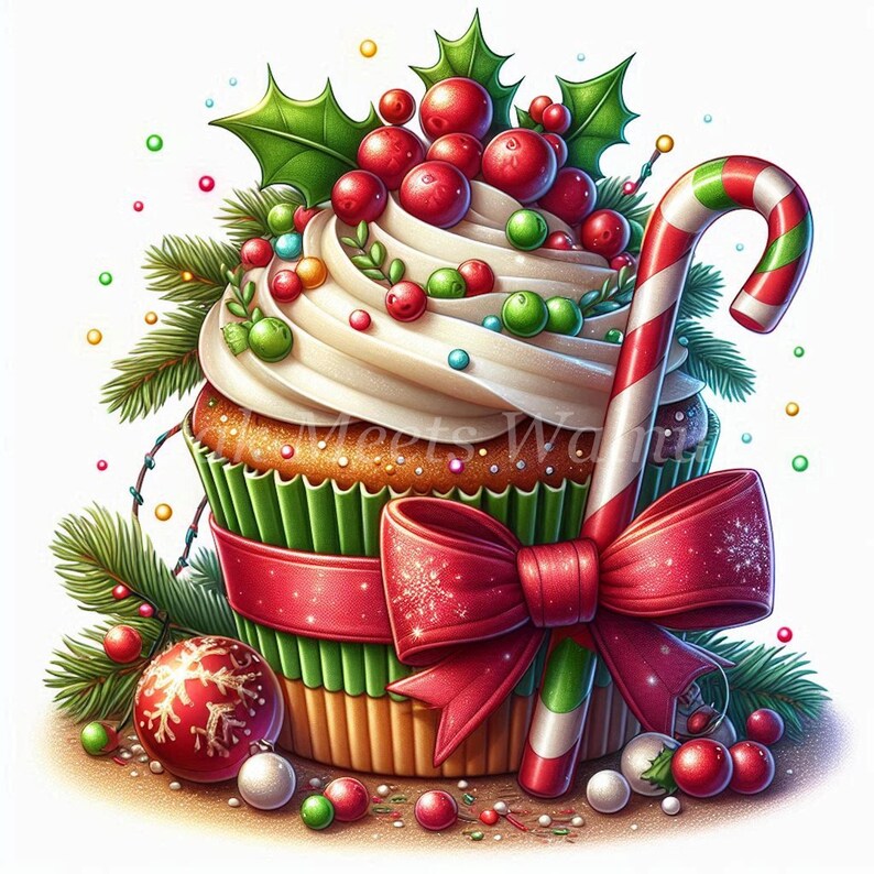 Christmas Cupcakes Clipart Bundle 10 High Quality Watercolor Jpgs, Xmas ...