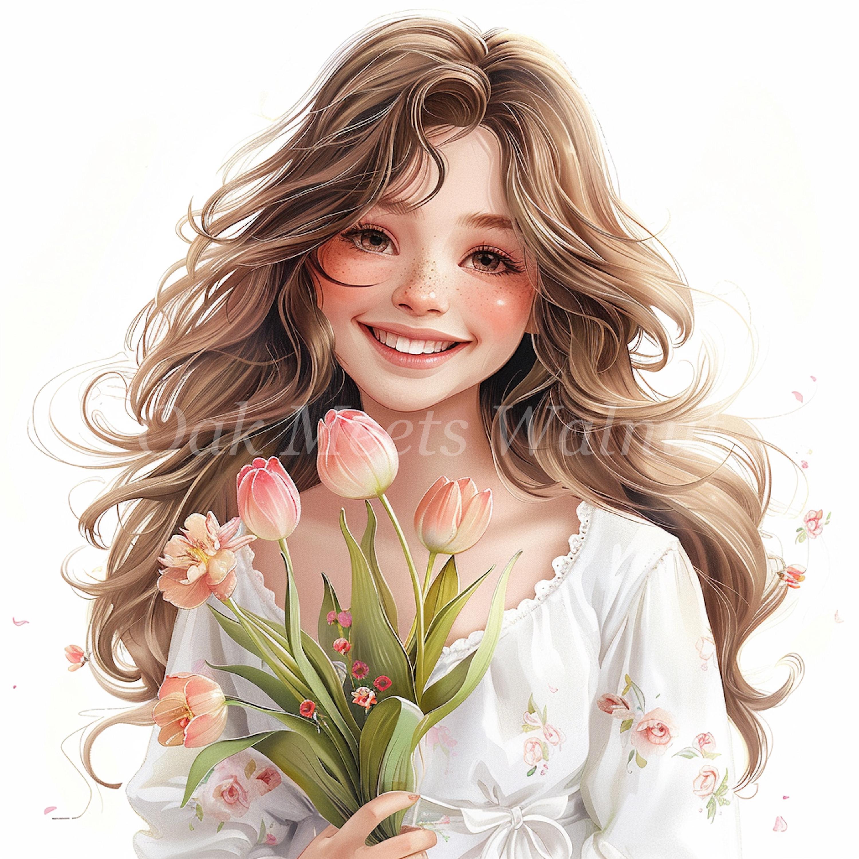 Watercolor Girl With Flowers Clipart: Floral JPG Bundle (digital ...
